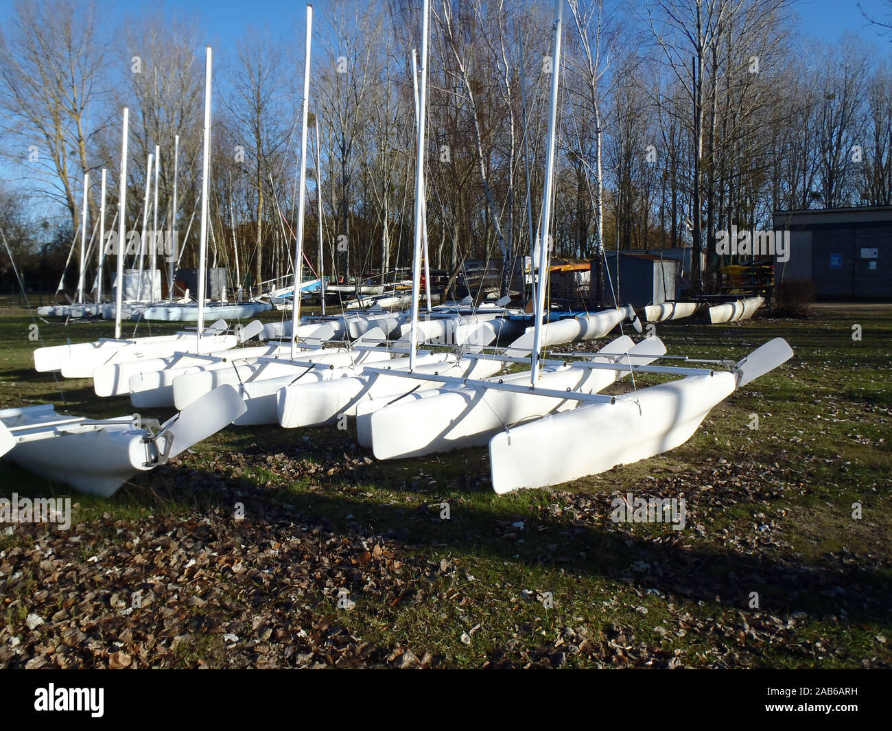 Group of Catamaran boats lined up in a garden Stock Photo - Alamy