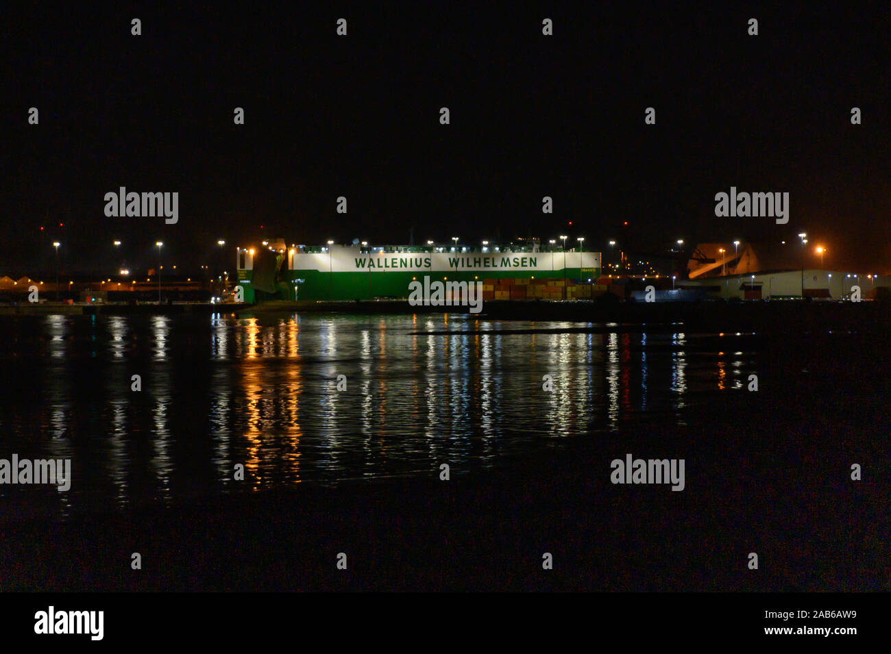 Car carrier Wallenius Wilhelmsen docks at night in Portbury docks Stock ...