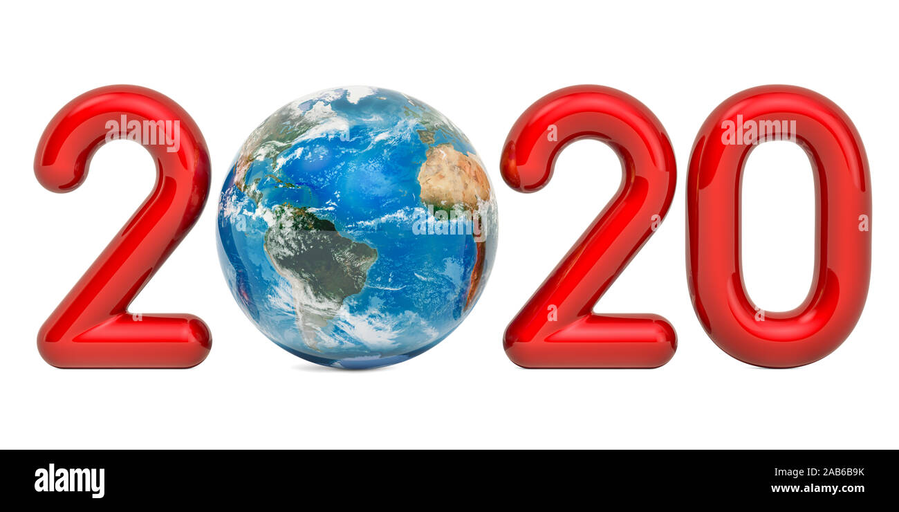 New Year 2020 with Earth globe concept, 3D rendering isolated on white ...