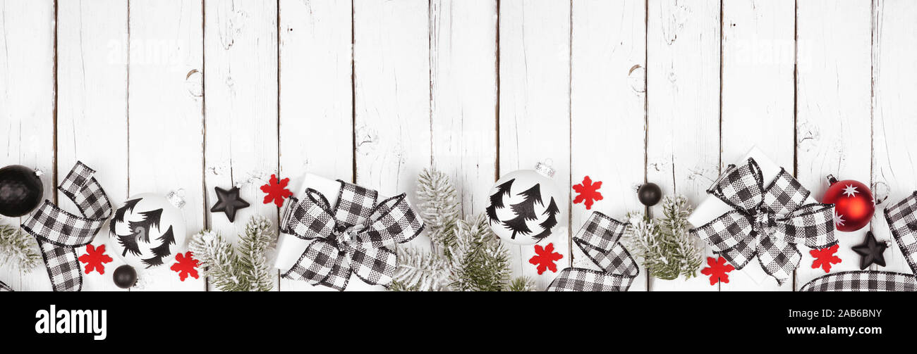 Christmas banner of black and white checked buffalo plaid ribbon, gifts ...