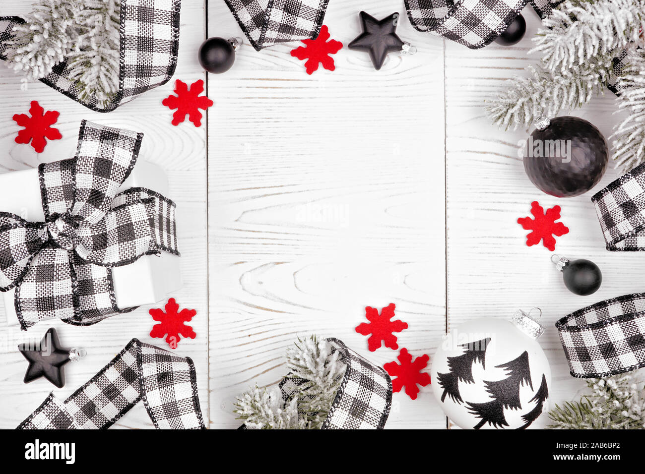 Christmas frame of black and white checked buffalo plaid ribbon, gifts ...