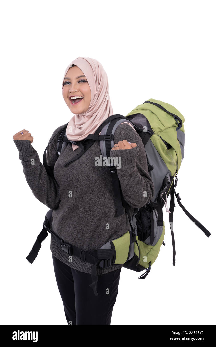 Expression of hijab woman success carrying backpack Stock Photo - Alamy