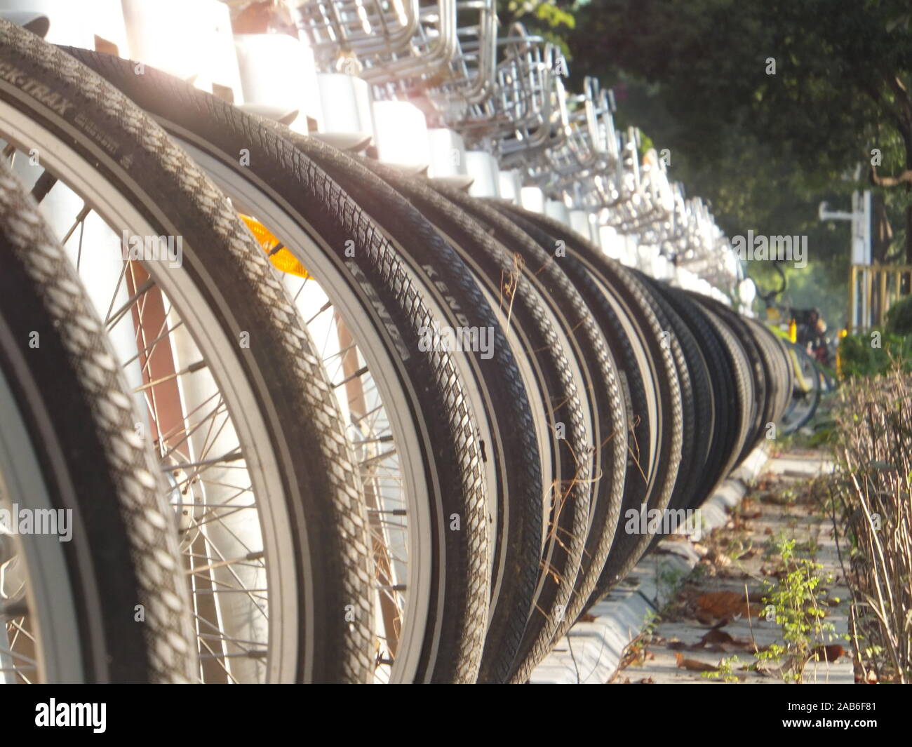 Bicycles line up in the street Stock Photo - Alamy