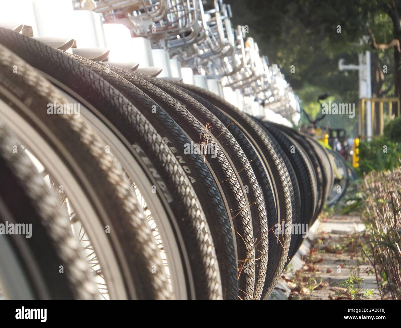 Bicycles line up in the street Stock Photo - Alamy
