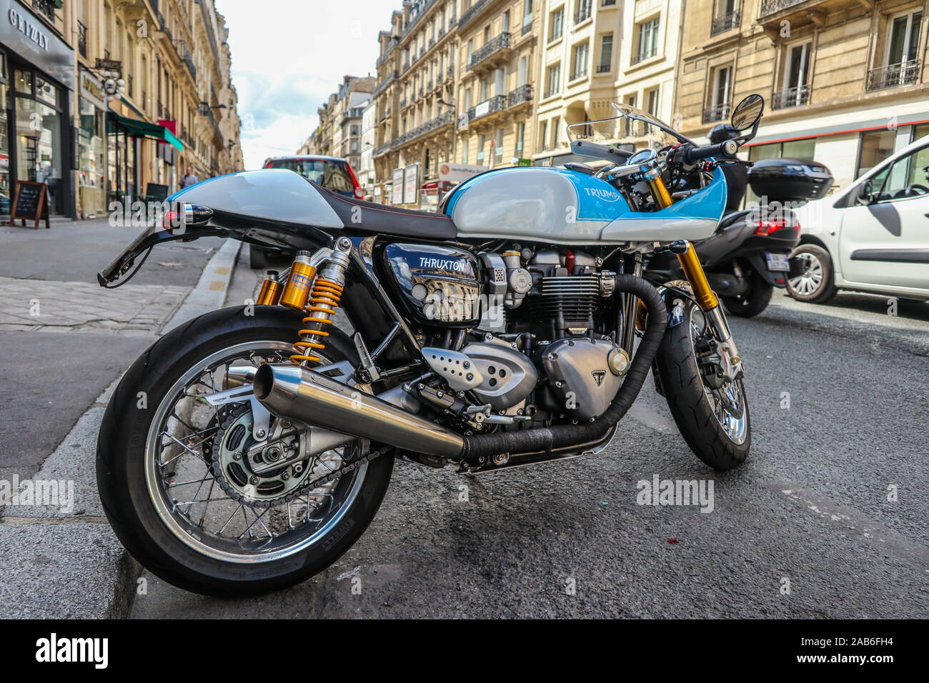 Classic Triumph motorcycle parked in Paris, France, Europe Stock Photo ...
