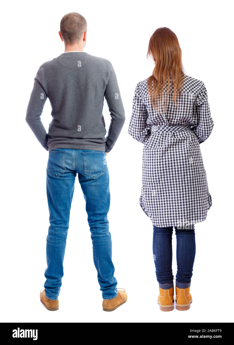 Back view of couple. beautiful friendly girl and guy together. Rear ...