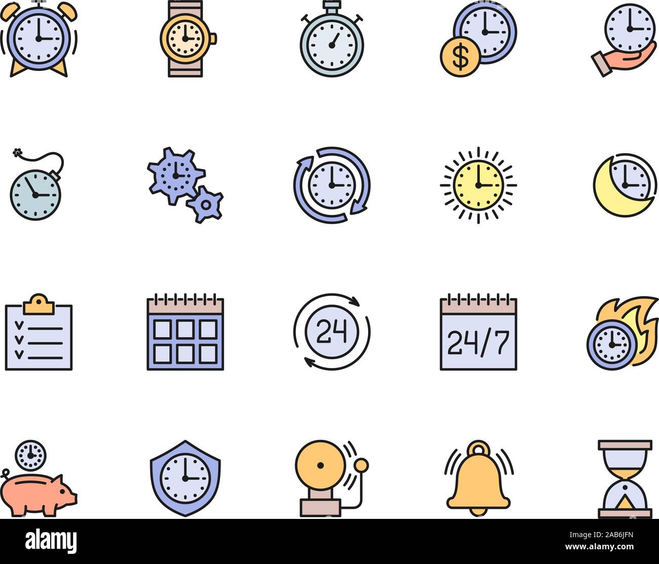 Set of Time Management Color Line Icons. Calendar, Schedule, Checklist ...
