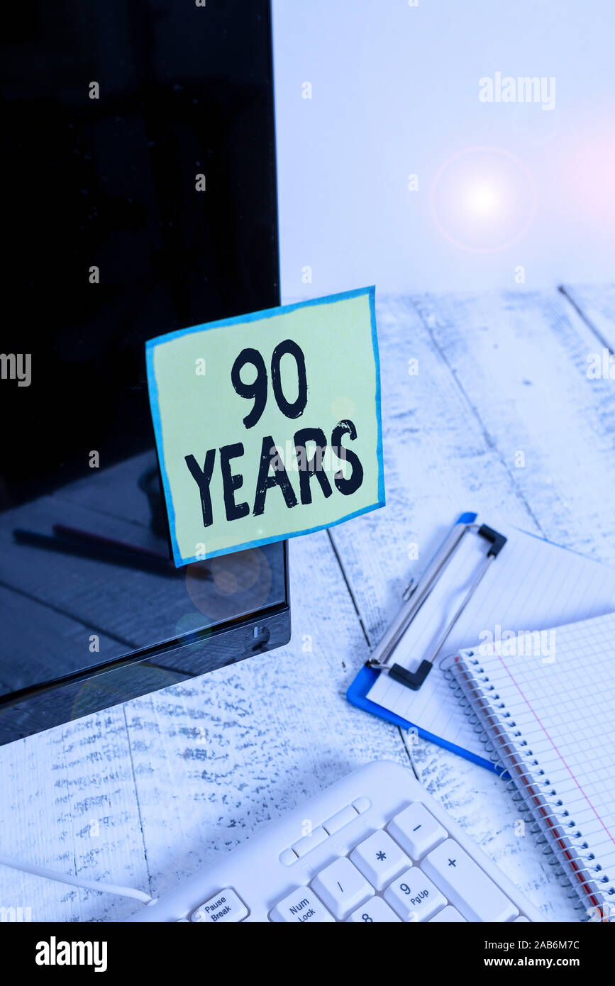 Text sign showing 90 Years. Business photo showcasing Remembering or ...