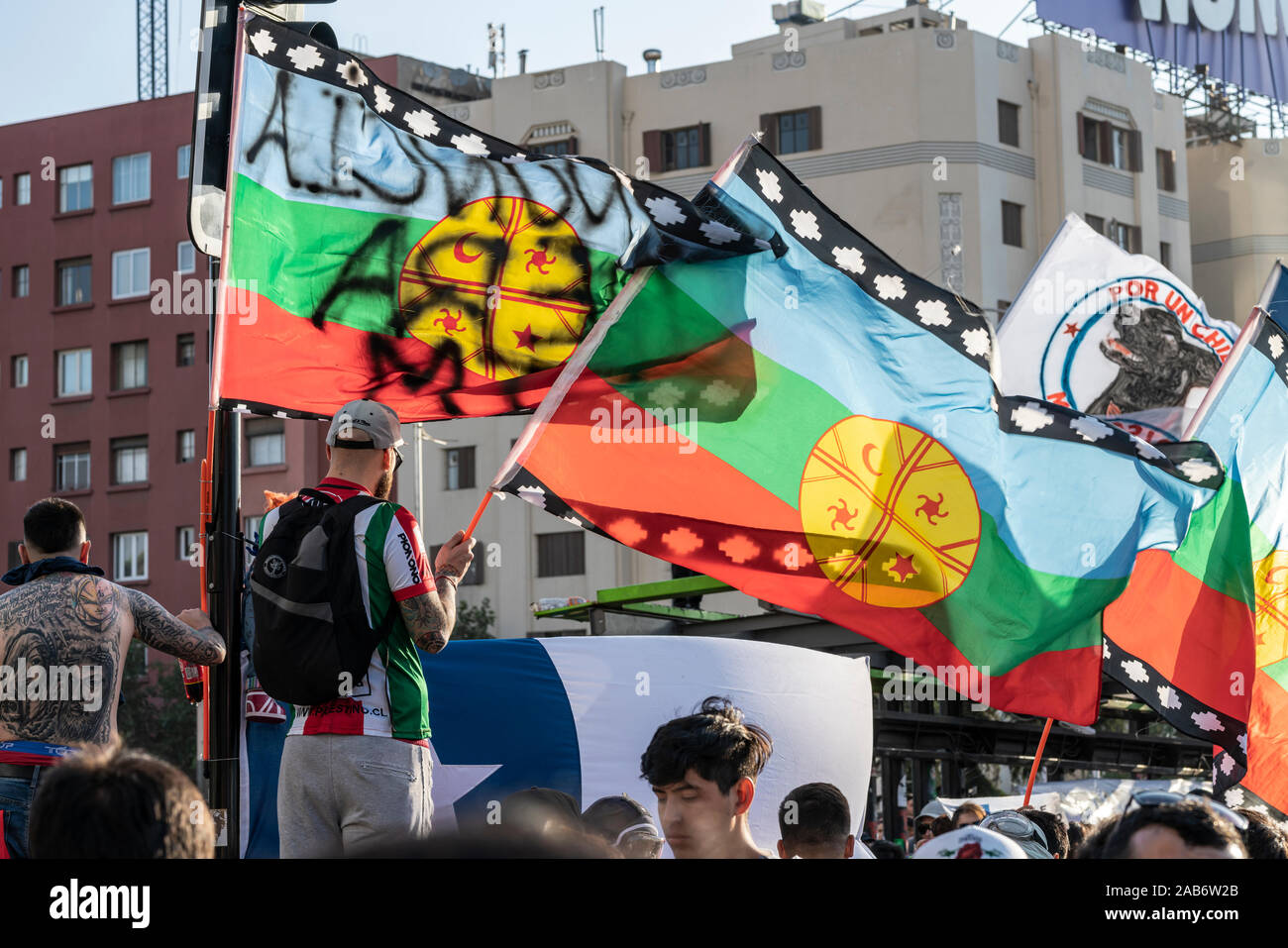 Mapuche flags at Santiago de Chile streets in Plaza de Italia during ...