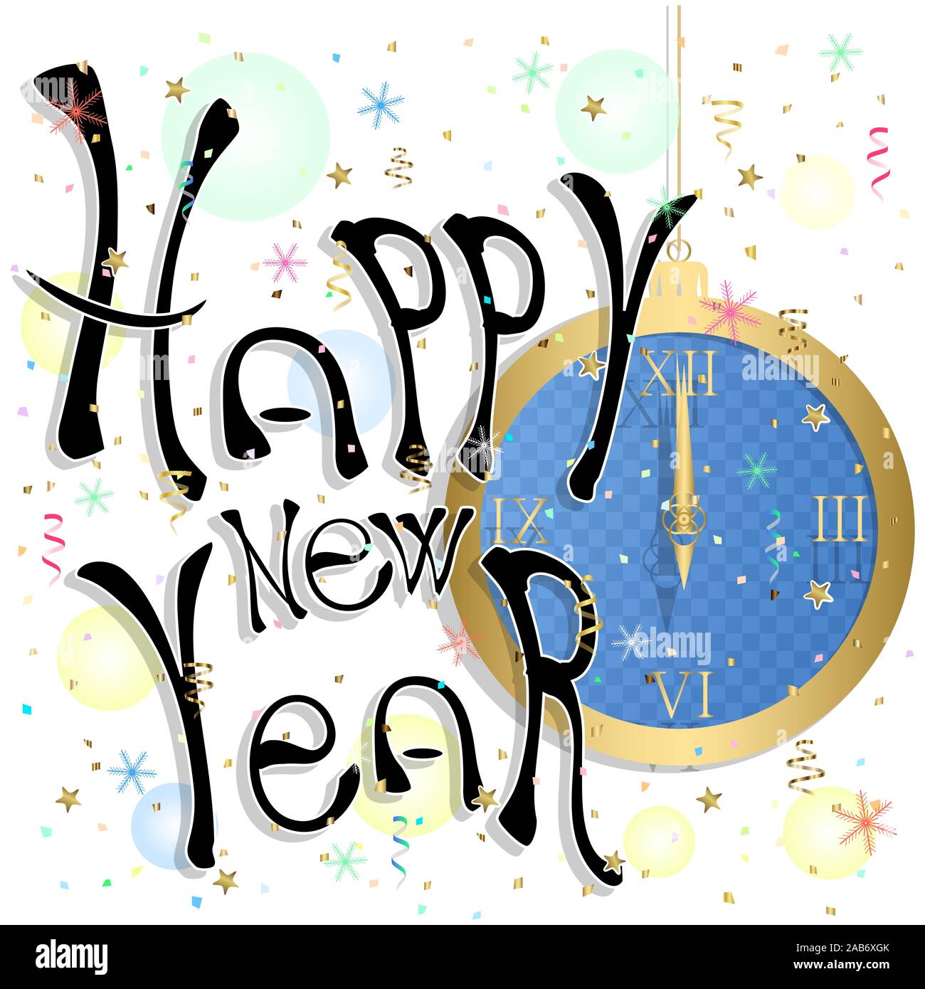 lettering happy new year. greeting card with clock. vector illustration ...
