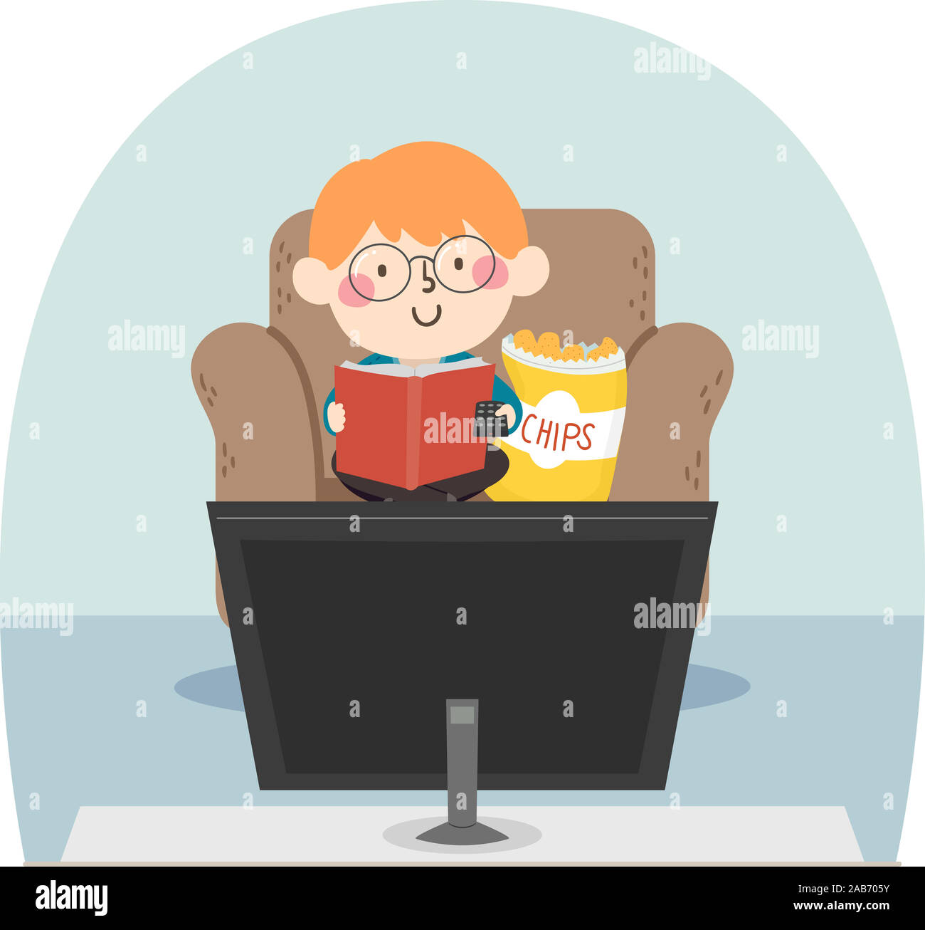 Illustration of a Kid Boy Reading a Book and Studying While Watching TV ...