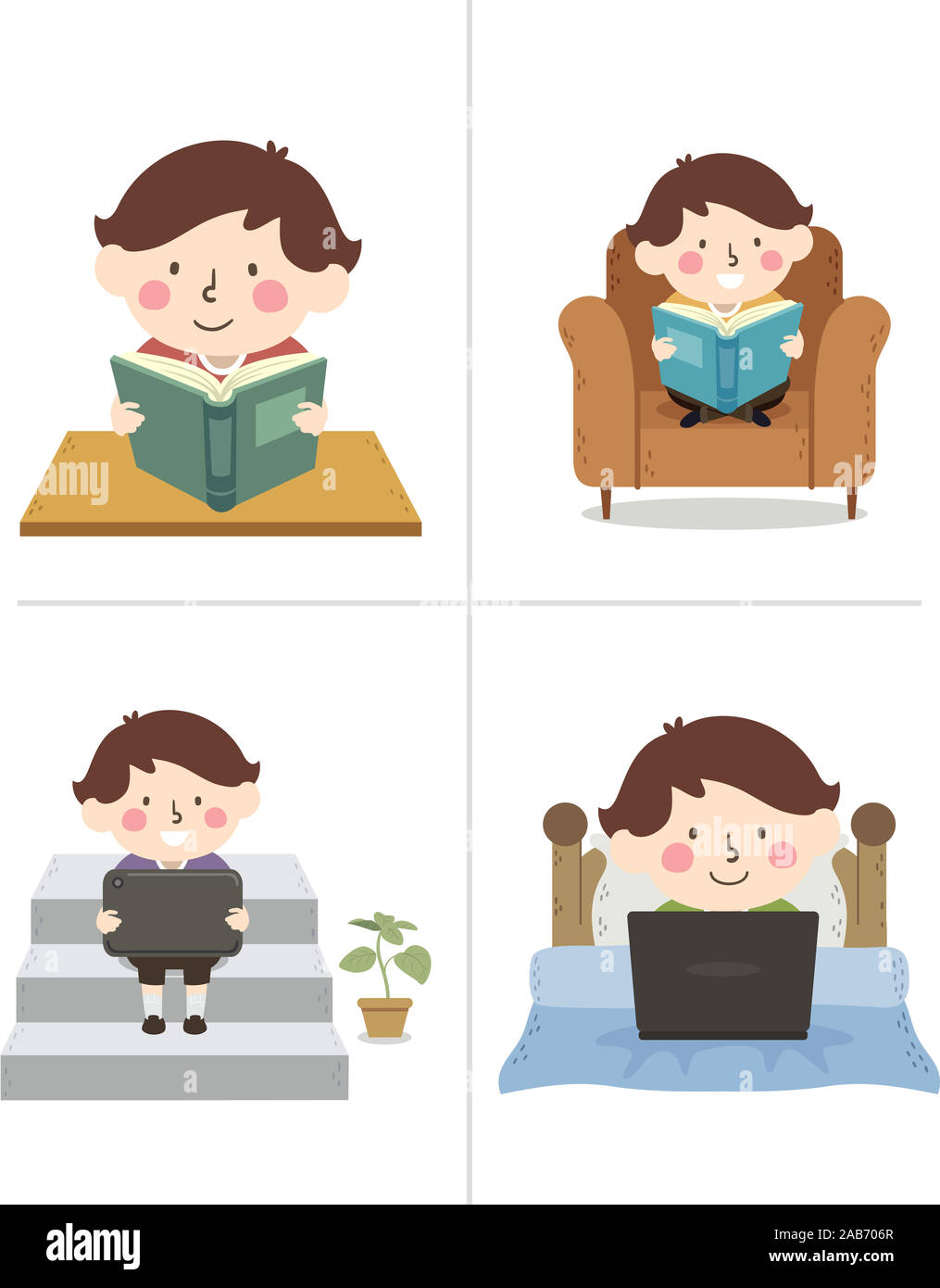 Illustration of a Kid Boy Studying in Different Places as a Study Hack ...