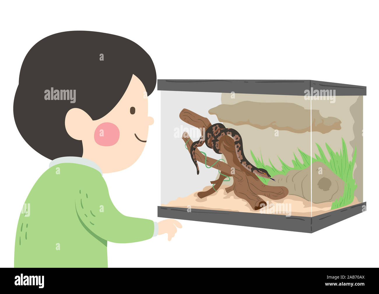 Illustration of a Kid Boy Looking at a Pet Snake Inside a Reptile ...