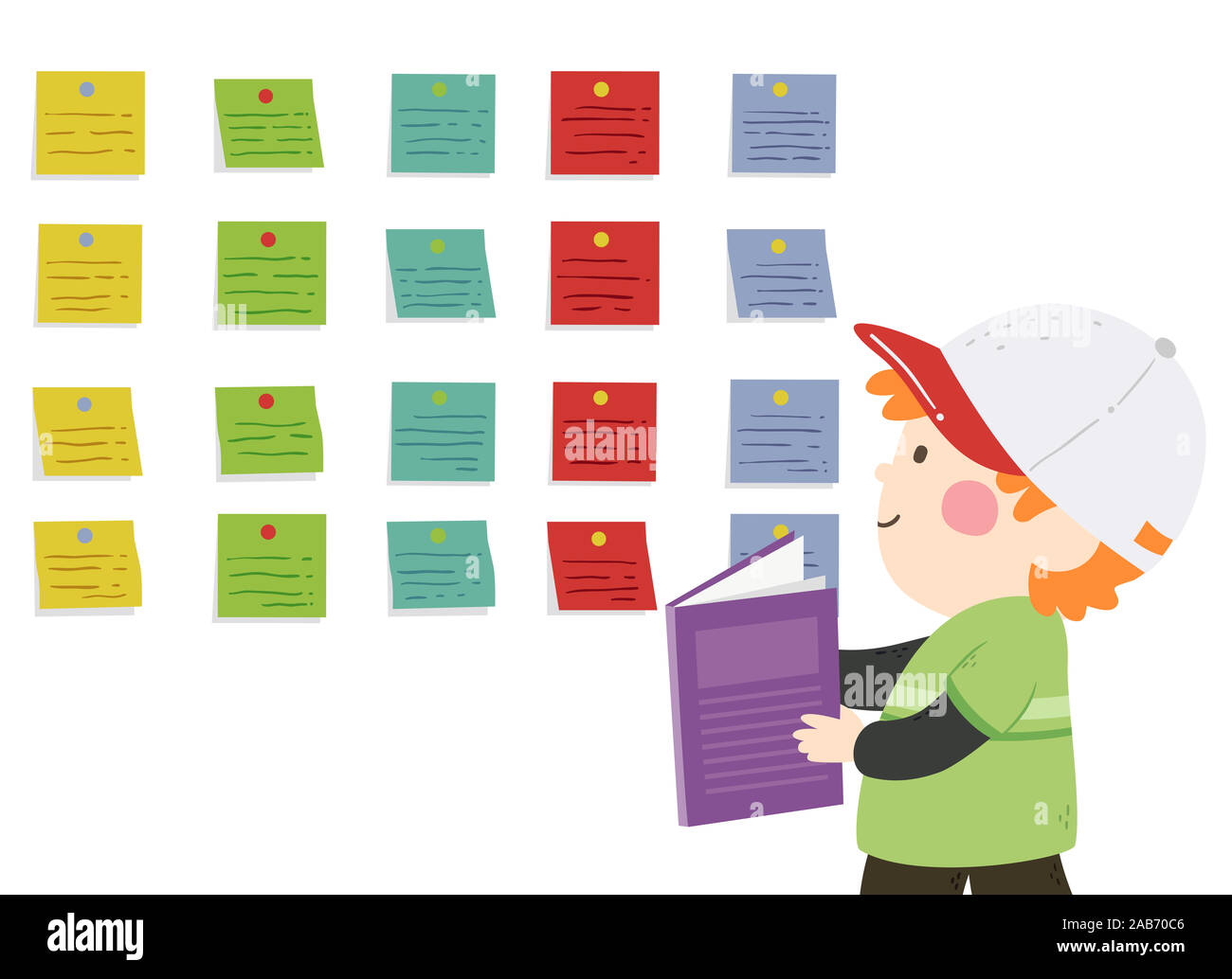 Illustration of a Kid Boy Reading His Notes and Using Sticky Labels on ...