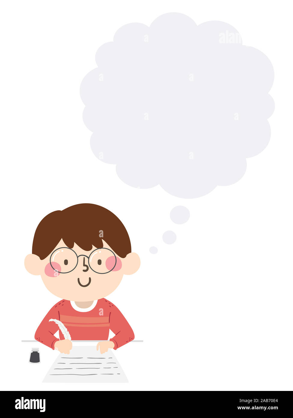 Illustration of a Kid Boy Writing Using a Quill Pen with a Blank ...