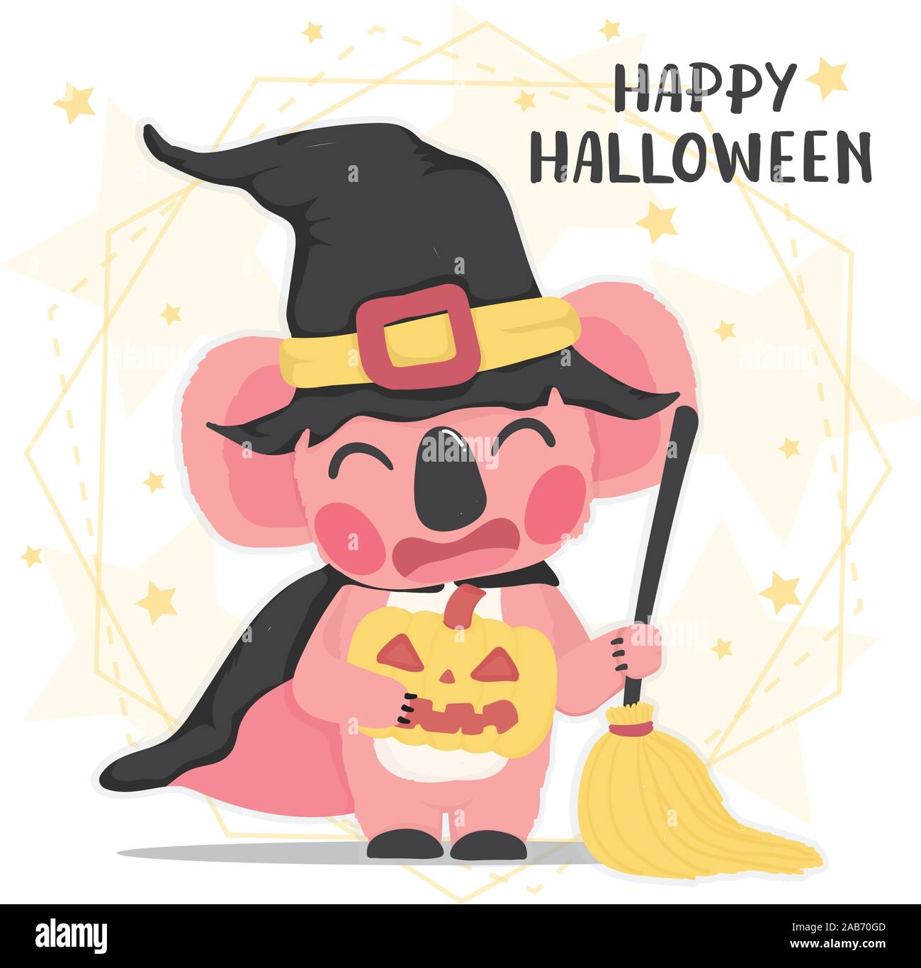 cute animal happy pink koala in halloween witch costume with broom ...