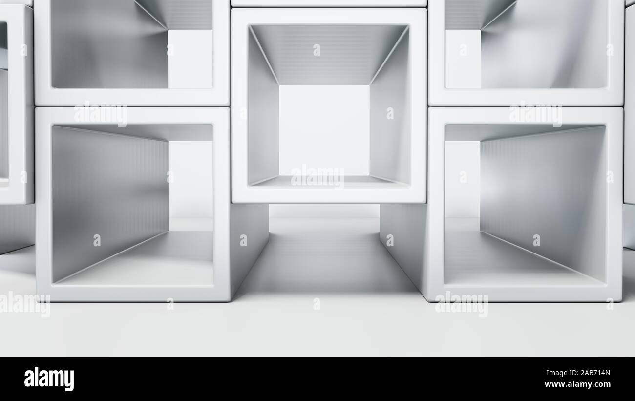 Empty white interior with cube shelves on the wall, 3D rendering Stock ...