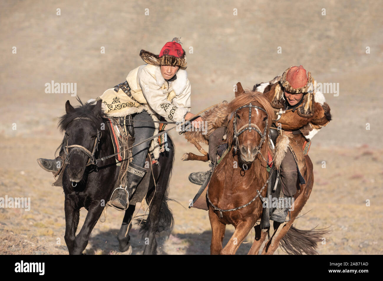 Kazakh eagle hunters partaking in a traditional wrestling match. Two ...