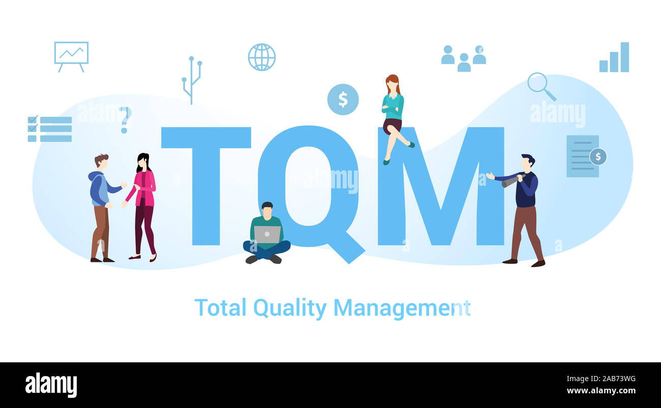 tqm total quality management concept with big word or text and team people with modern flat ...