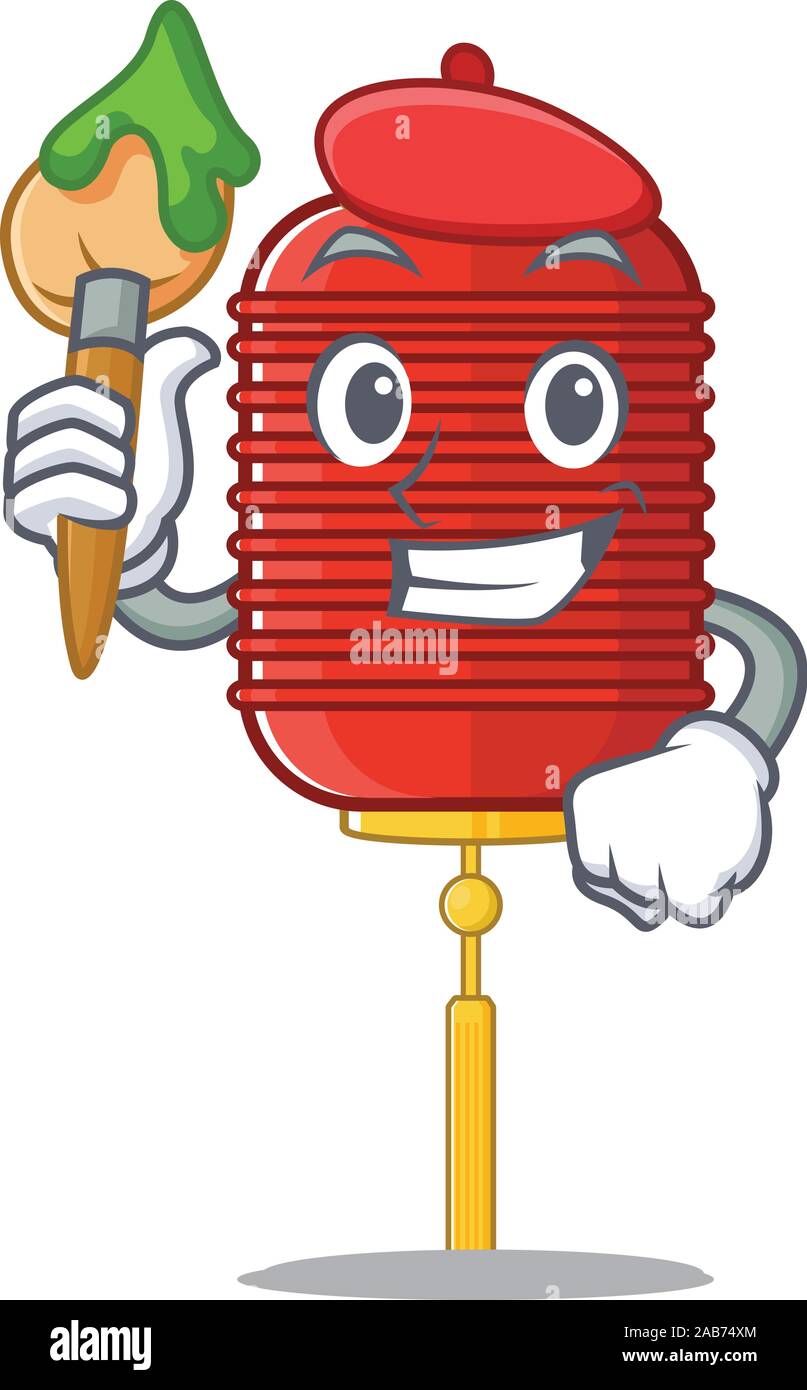 Cheerful chinese lantern Artist cartoon character with brush Stock ...