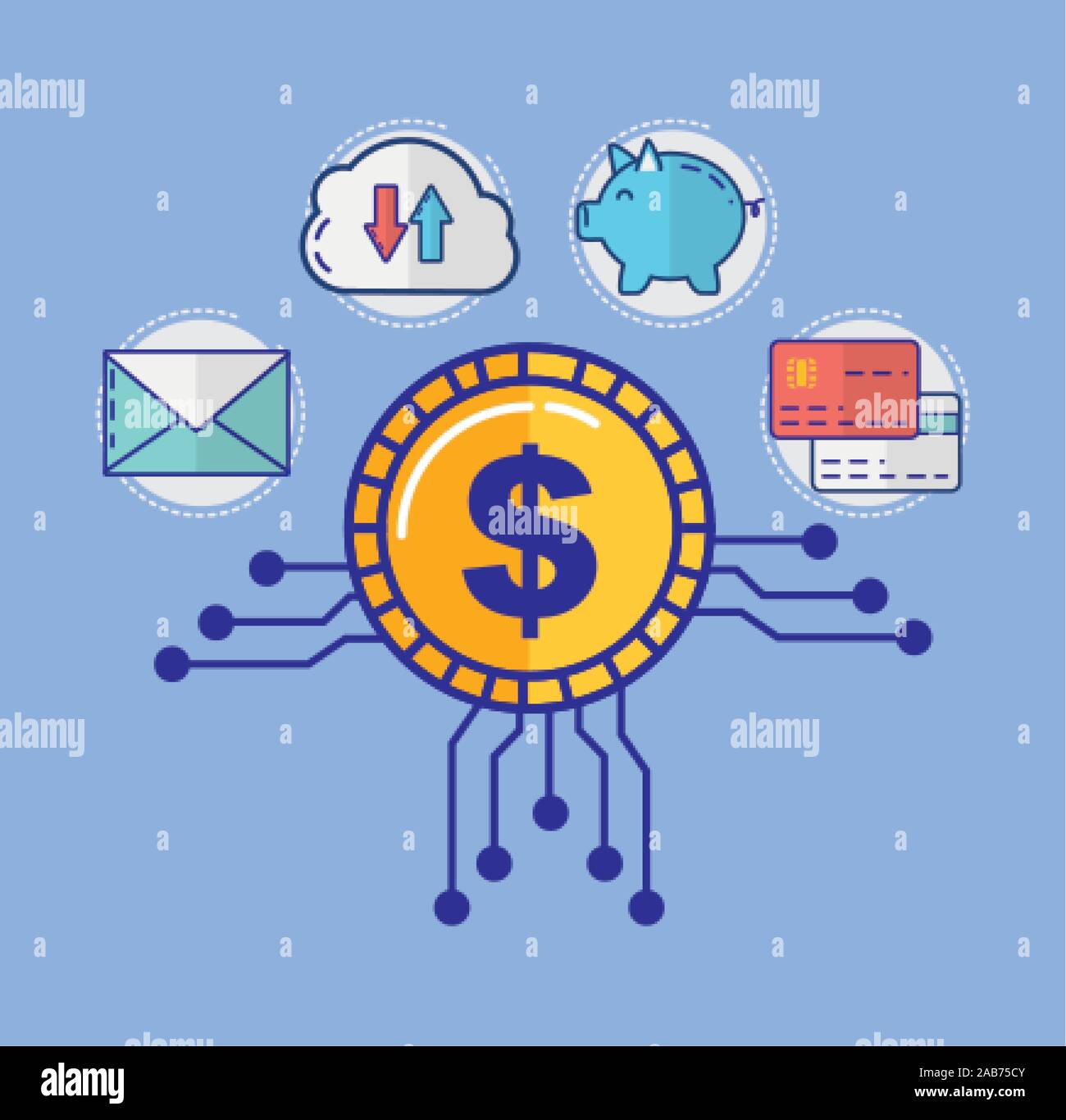 financial technology with coin dollar and set icons Stock Vector Image ...