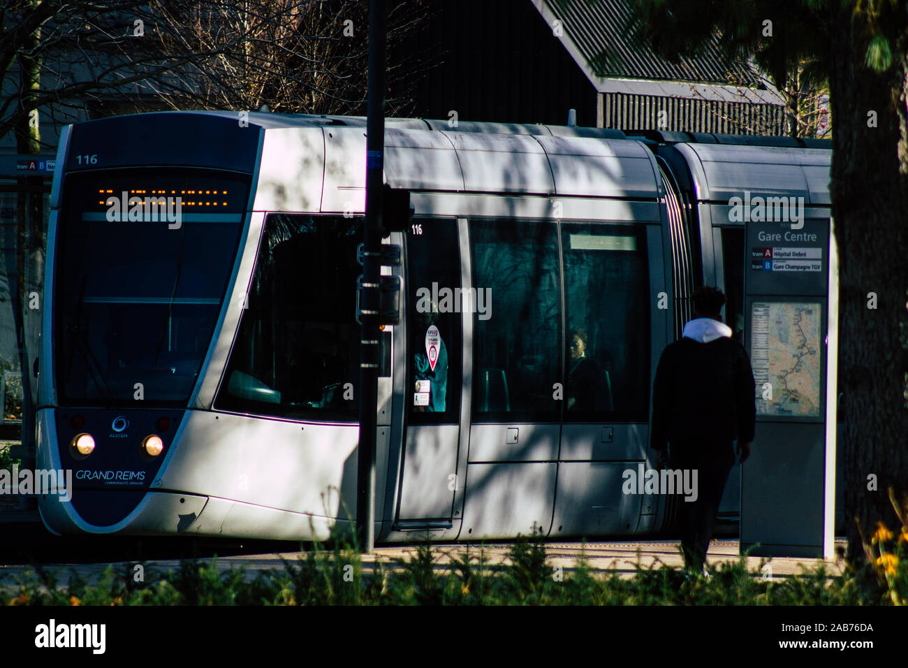 Reims France November 25, 2019 View of the tram rolling in the streets ...