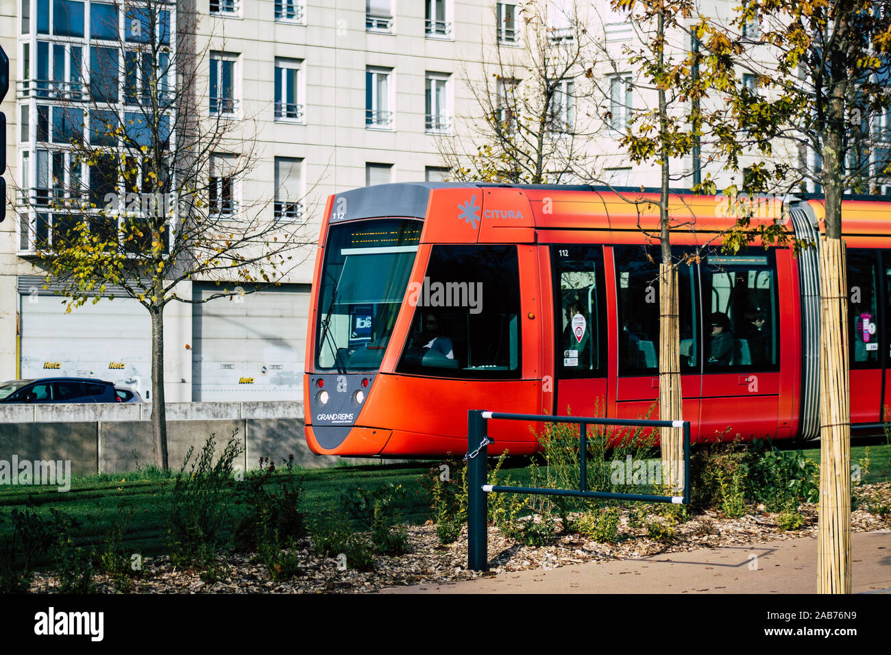 Reims France November 25, 2019 View of the tram rolling in the streets ...
