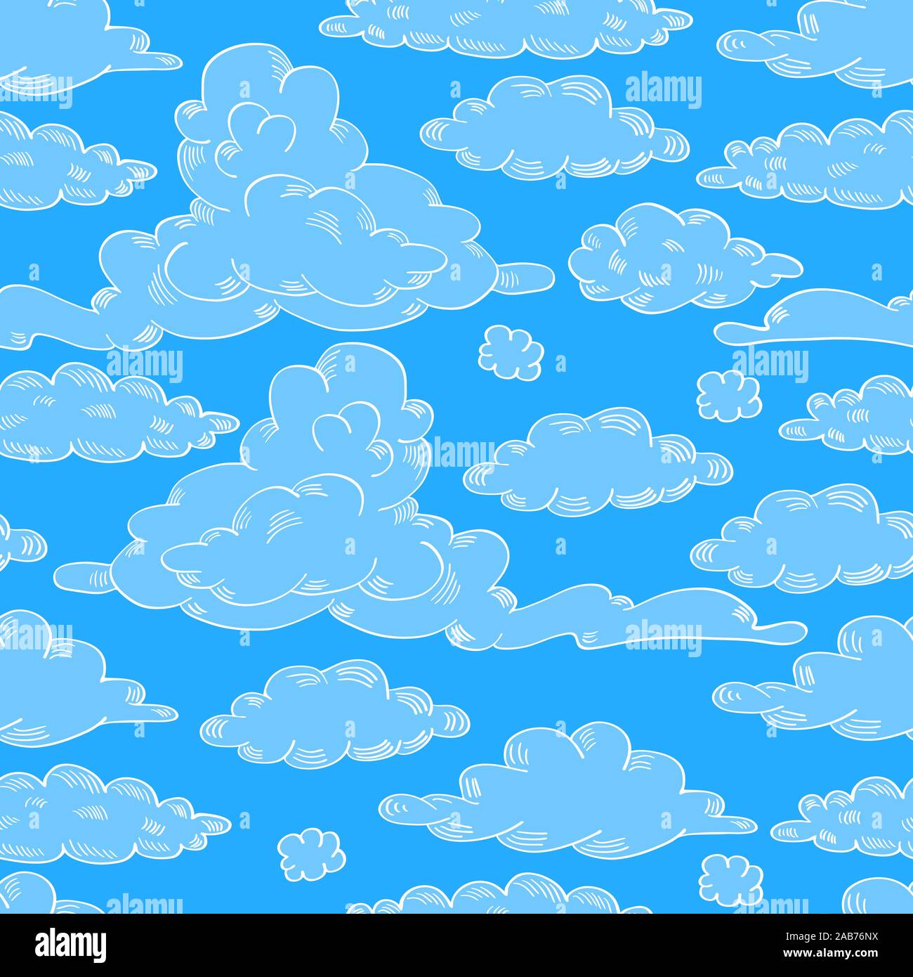 Blue seamless pattern with hand drawn clouds. Cute outline doodle ...