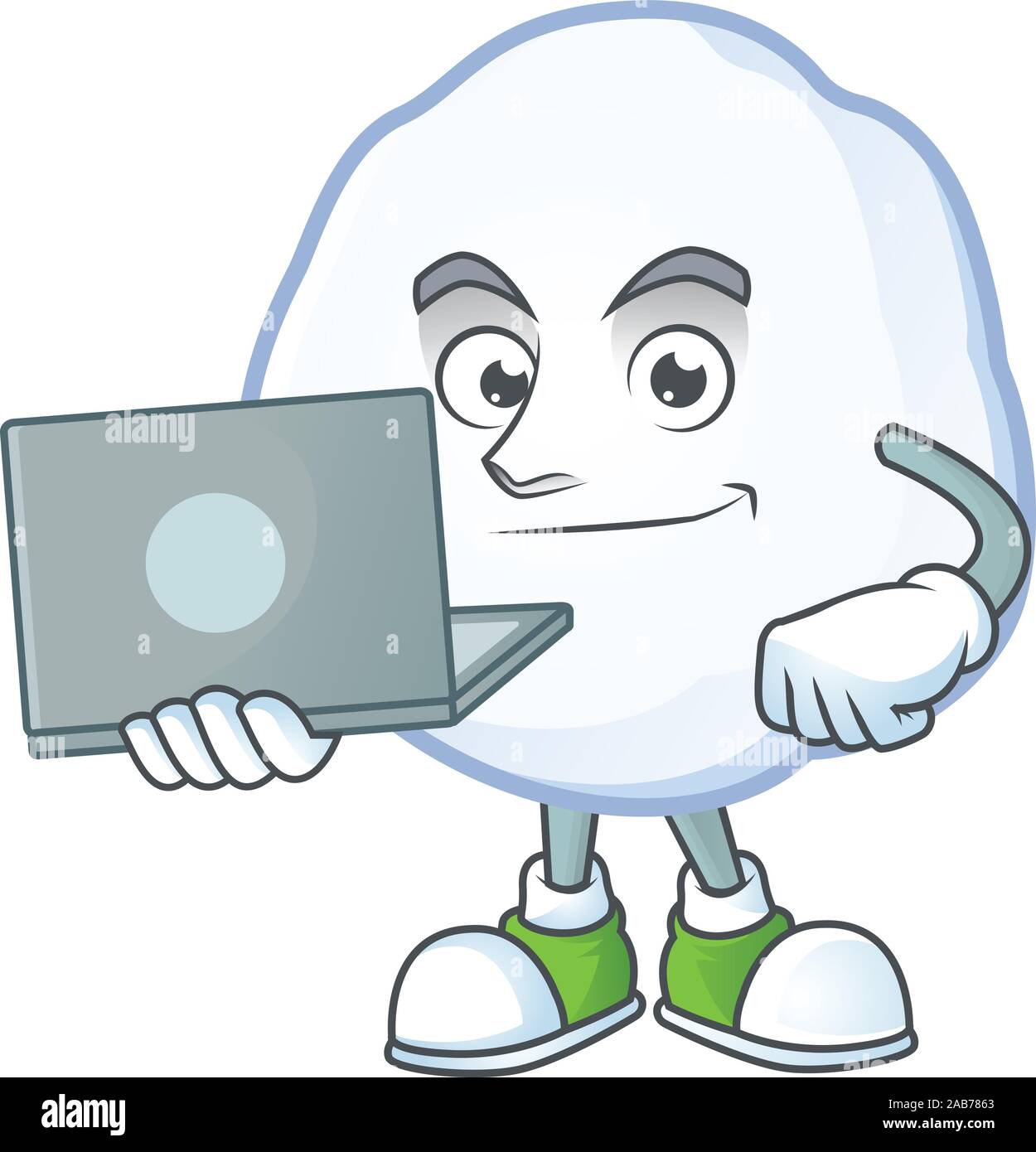 Happy smiling snowball cartoon character working with laptop Stock ...