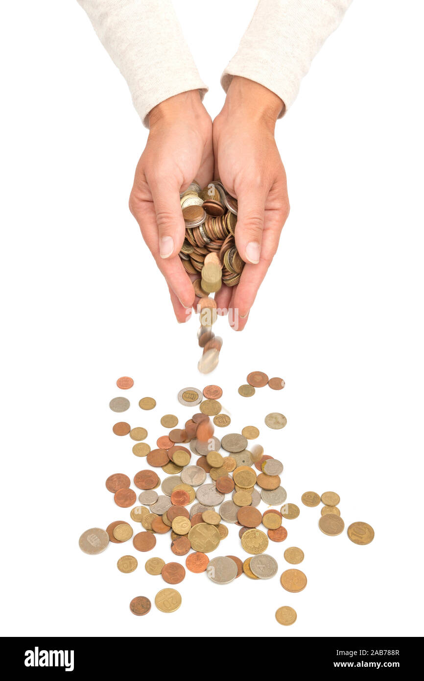 Gold Coin Falling From Hand Various Euro Coins Falling