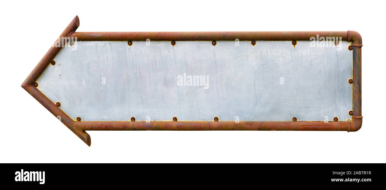Road sign arrow made of rusty pipes and galvanized iron. Isolated on ...