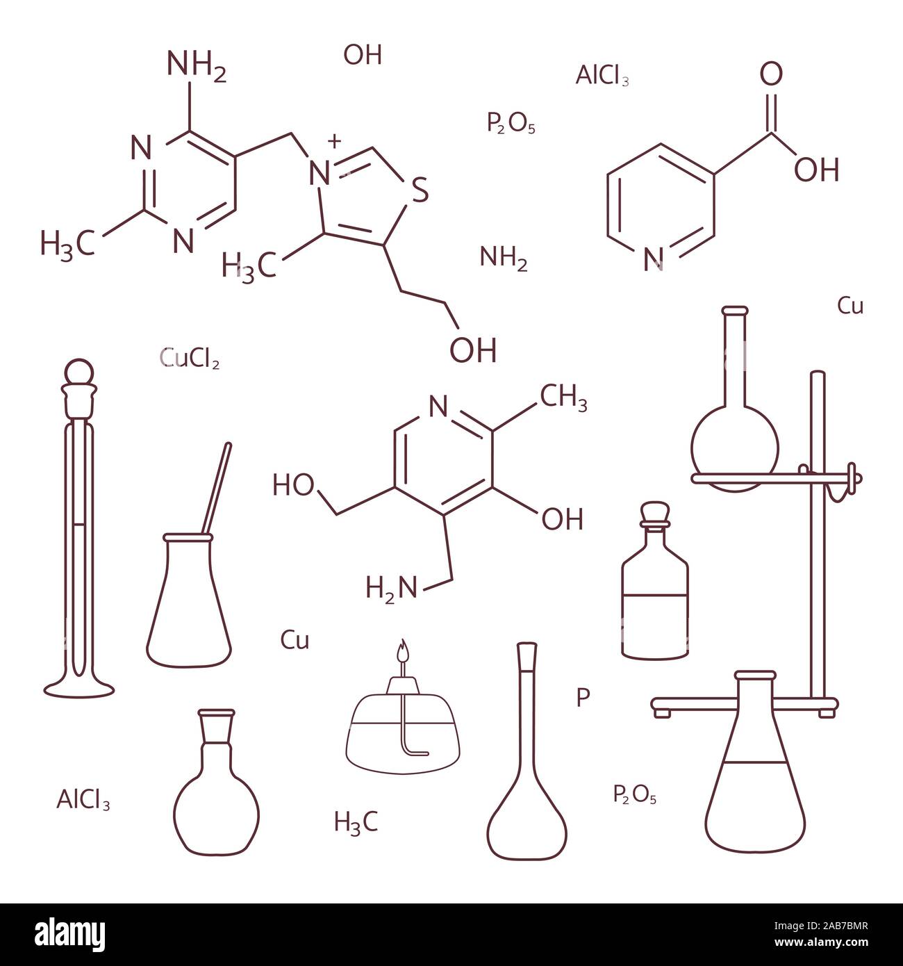 Vector illustration with glassware flasks, burner, equipment stand ...