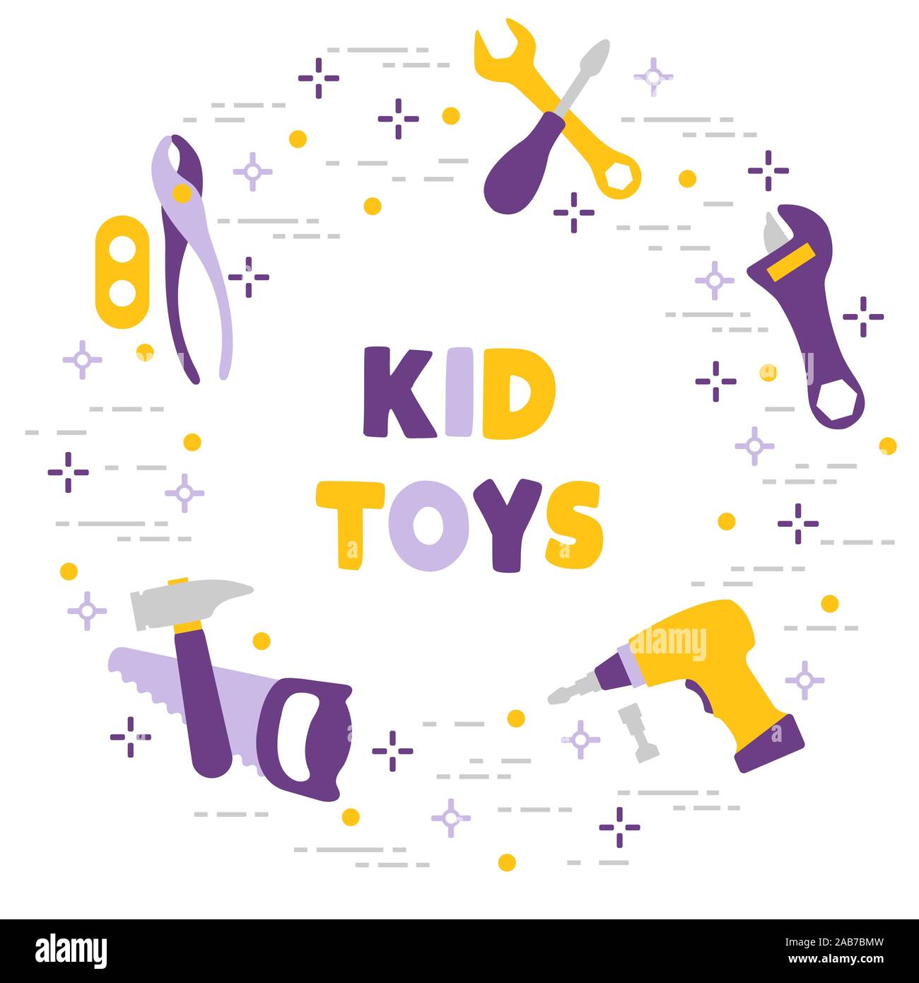 Vector illustration with kid toys. Toy tools. Saw, hammer, screwdrivers ...