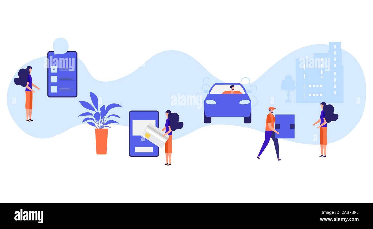 Vector illustration with people ordering freight services in the ...