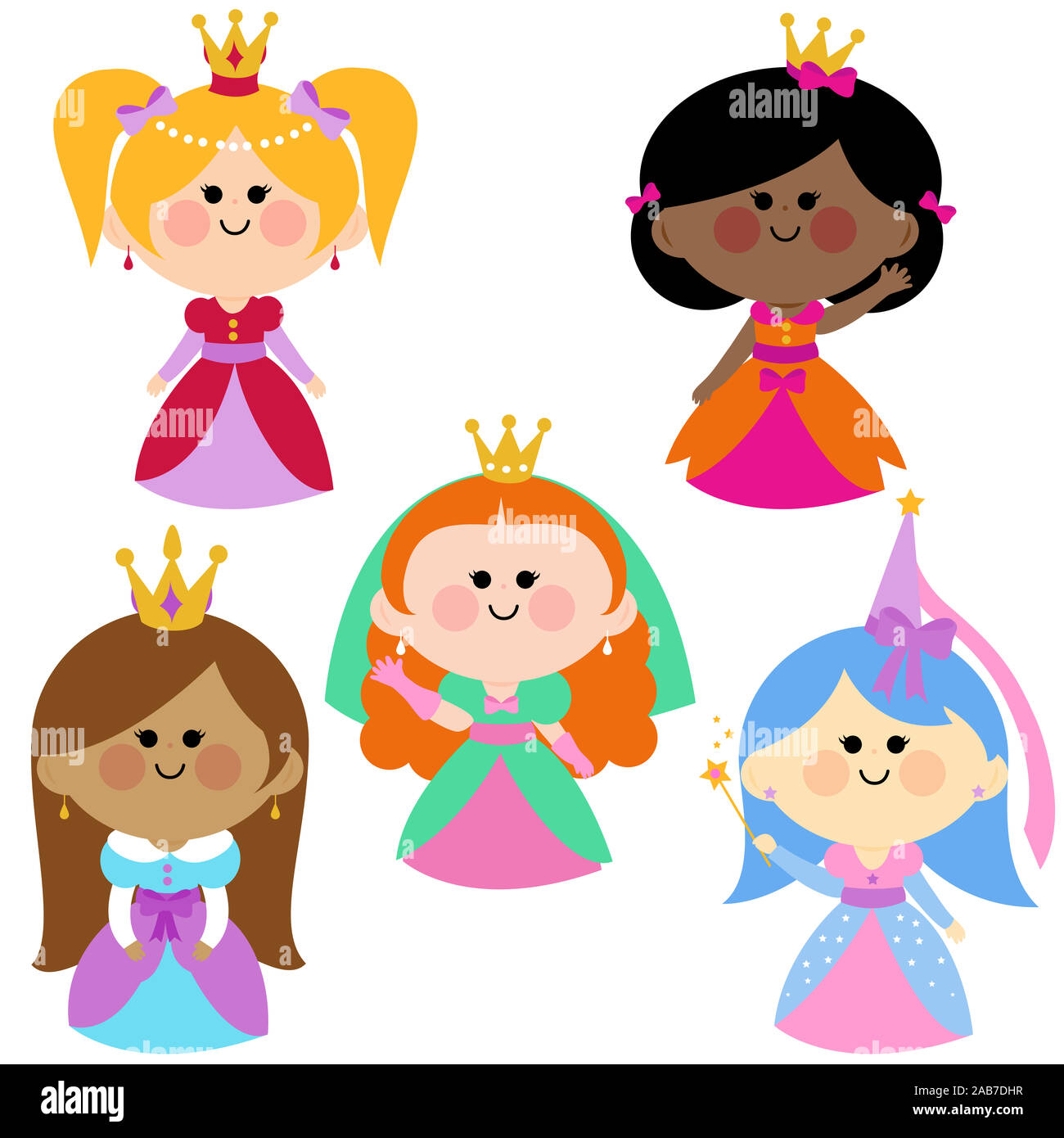 Cute princess girls with pretty dresses. Diverse group of princesses ...