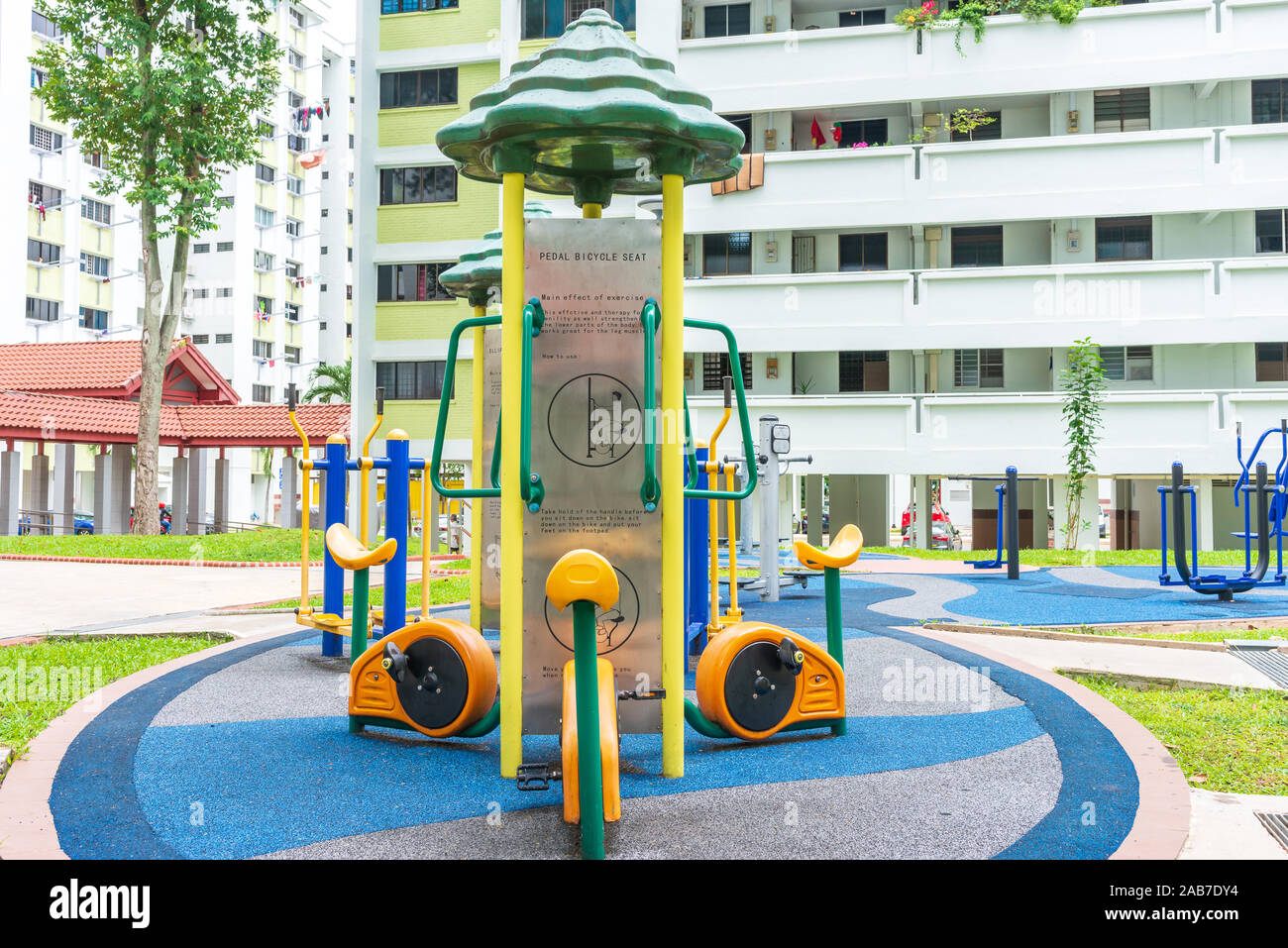 Outdoor fitness equipment in public outdoor park. It's free to use for ...