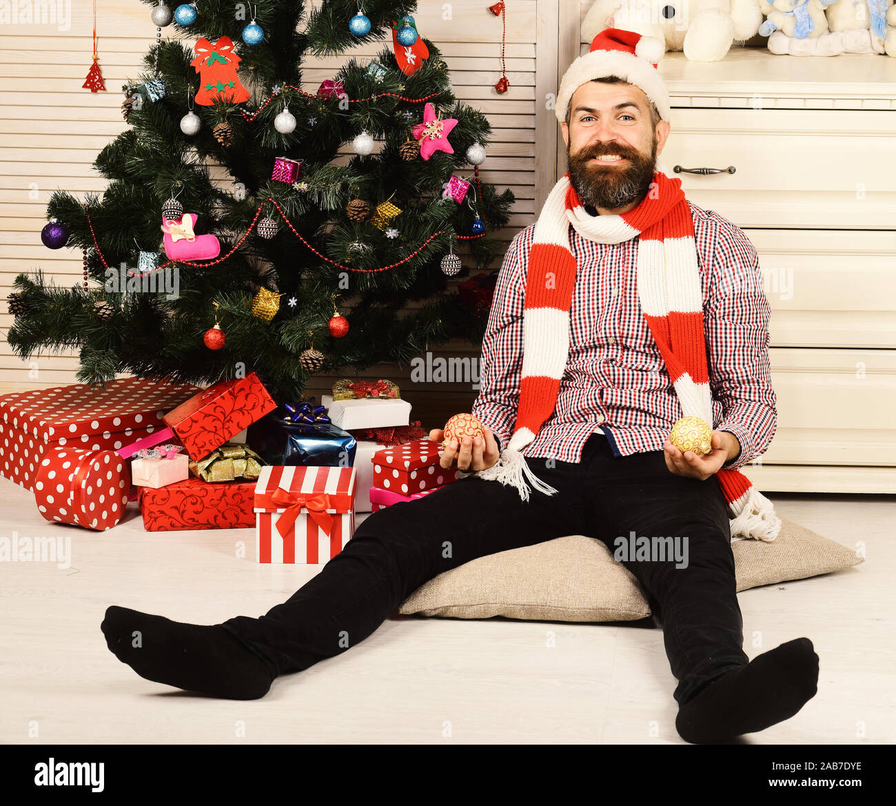 Festivals and decor concept. Santa Claus with smiling face on bureau ...