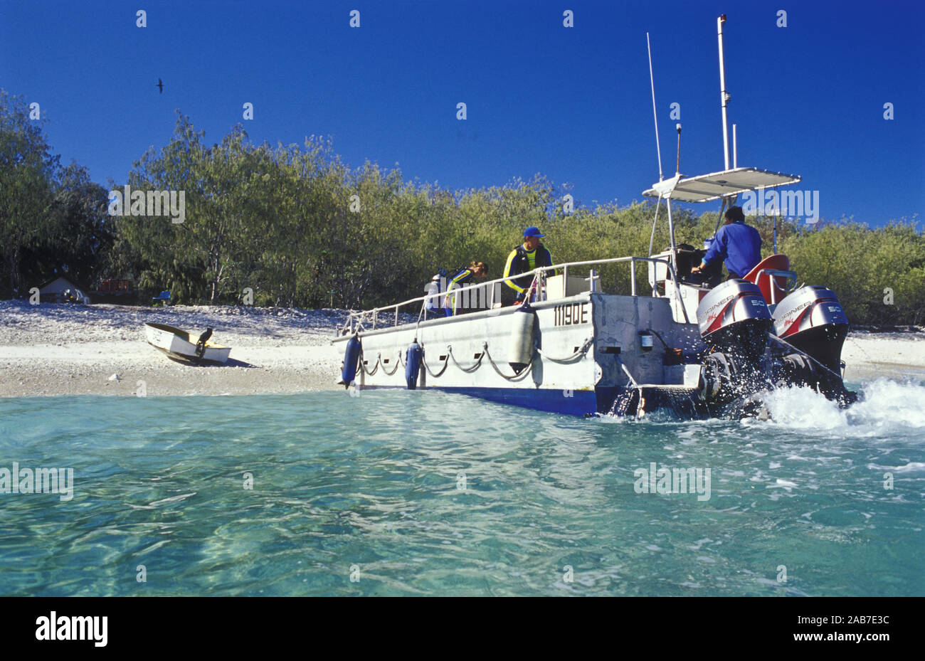 Custom-designed dive boats, on beach. Lady Elliott Island, Great ...