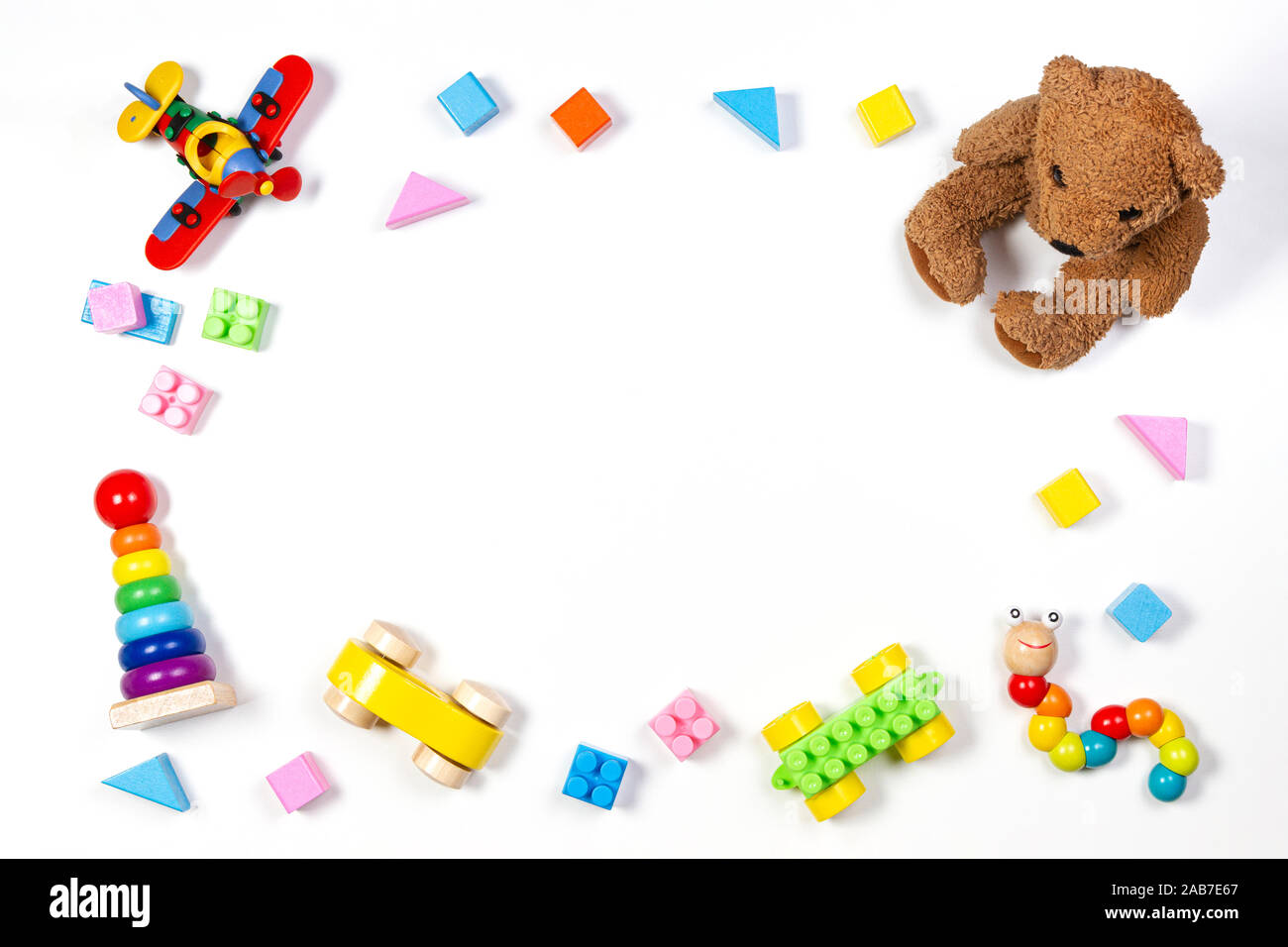 Baby kids toys frame with teddy bear, wooden toys and colorful blocks ...