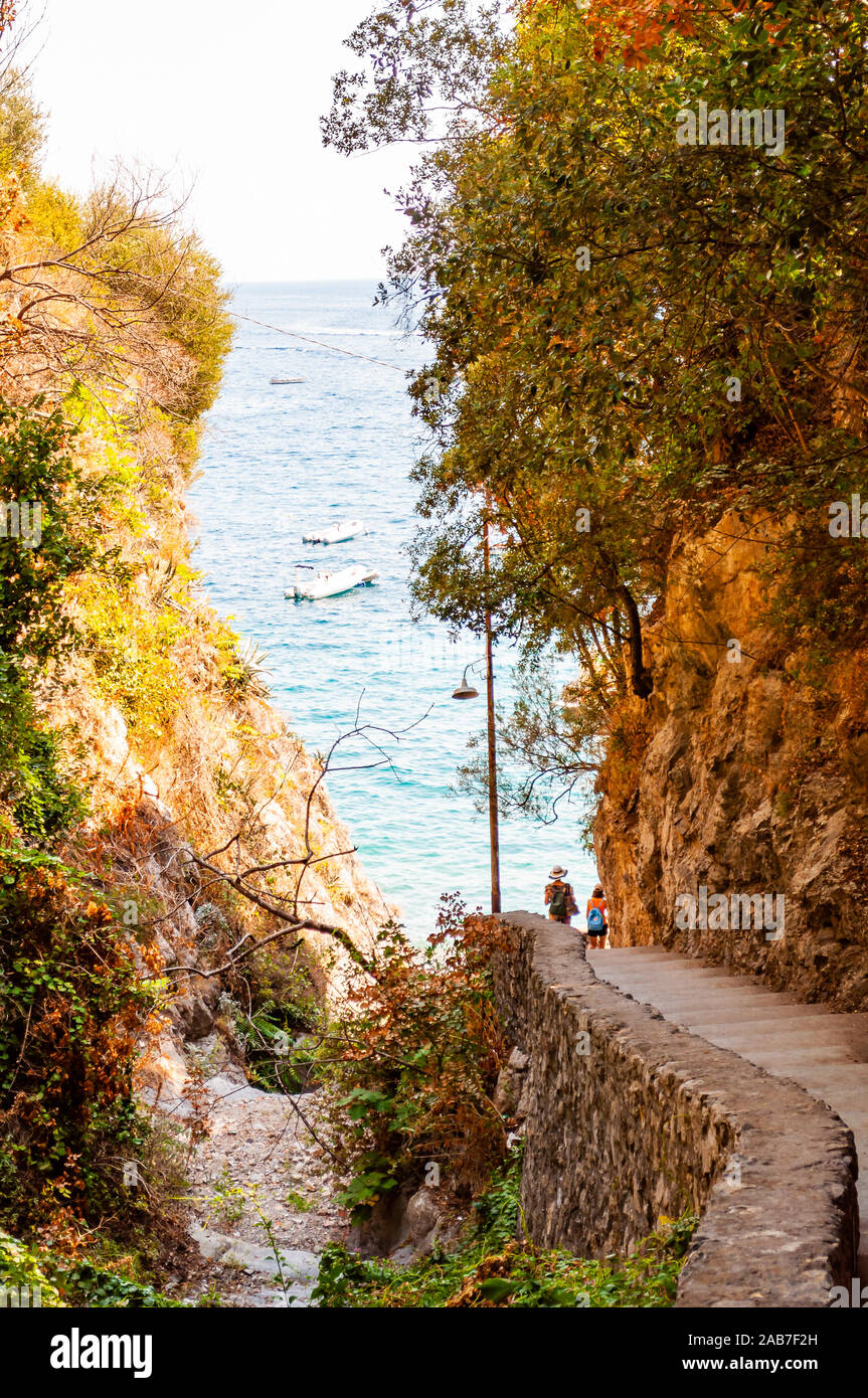Scenic promenade on the edge of rocky mountain and Tyrrhenian sea bay ...