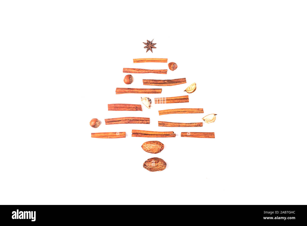 Cinnamon sticks, nuts and spices laid out in the shape of a family tree ...