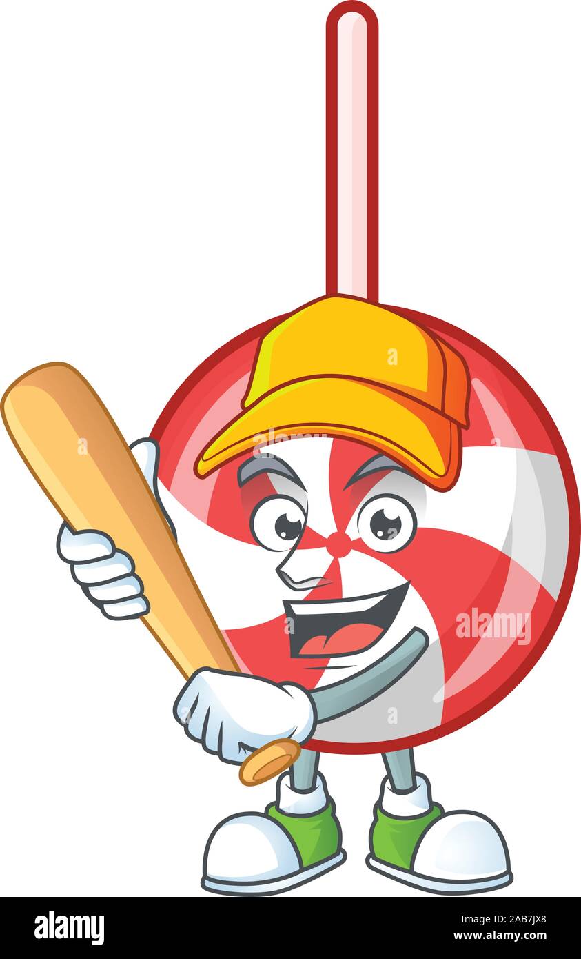 Funny smiling striped peppermint candy cartoon mascot playing baseball ...