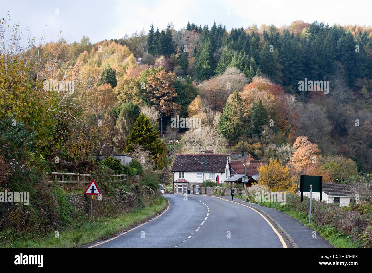 The road through Tintern in the Wye valley with a backdrop of trees in ...