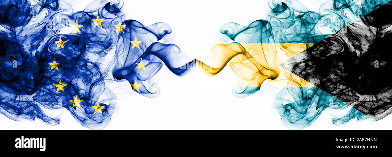 Eu, European Union vs Bahamas, Bahamian smoky mystic flags placed side ...