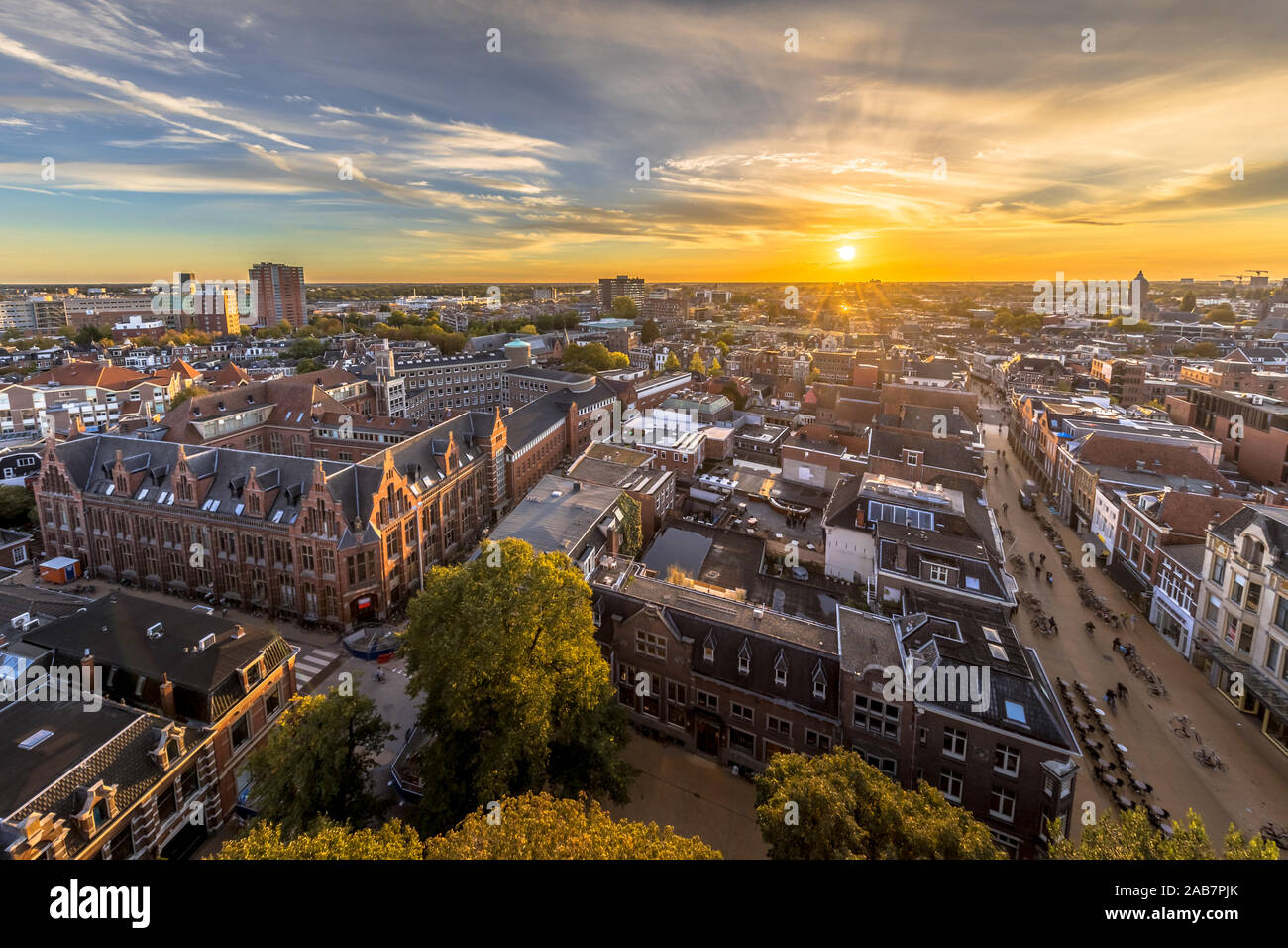 Aerial Skyline view of historic Groningen city centre under setting sun ...