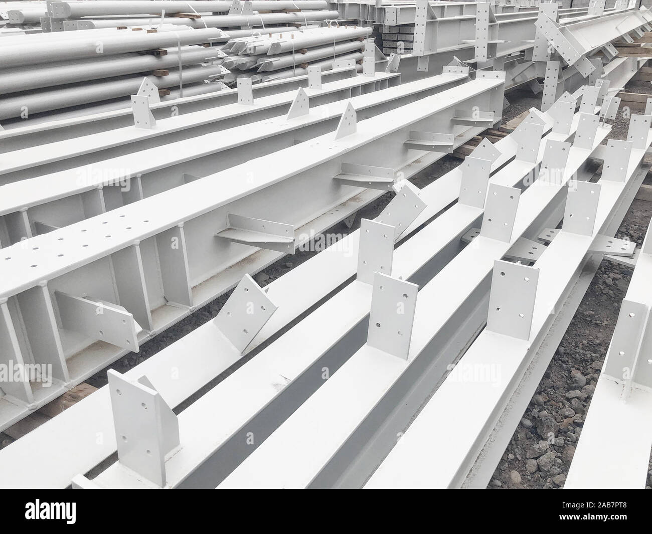 Stacked metal parts of a pre-fabricated building. Fast-built camp ...
