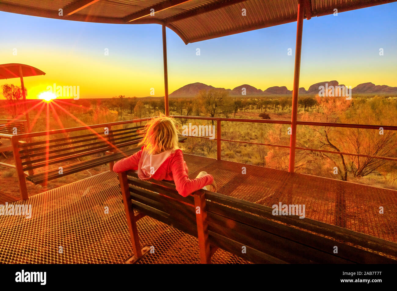 Tourist woman sitting on a bench at platform dune viewing area of Mount ...