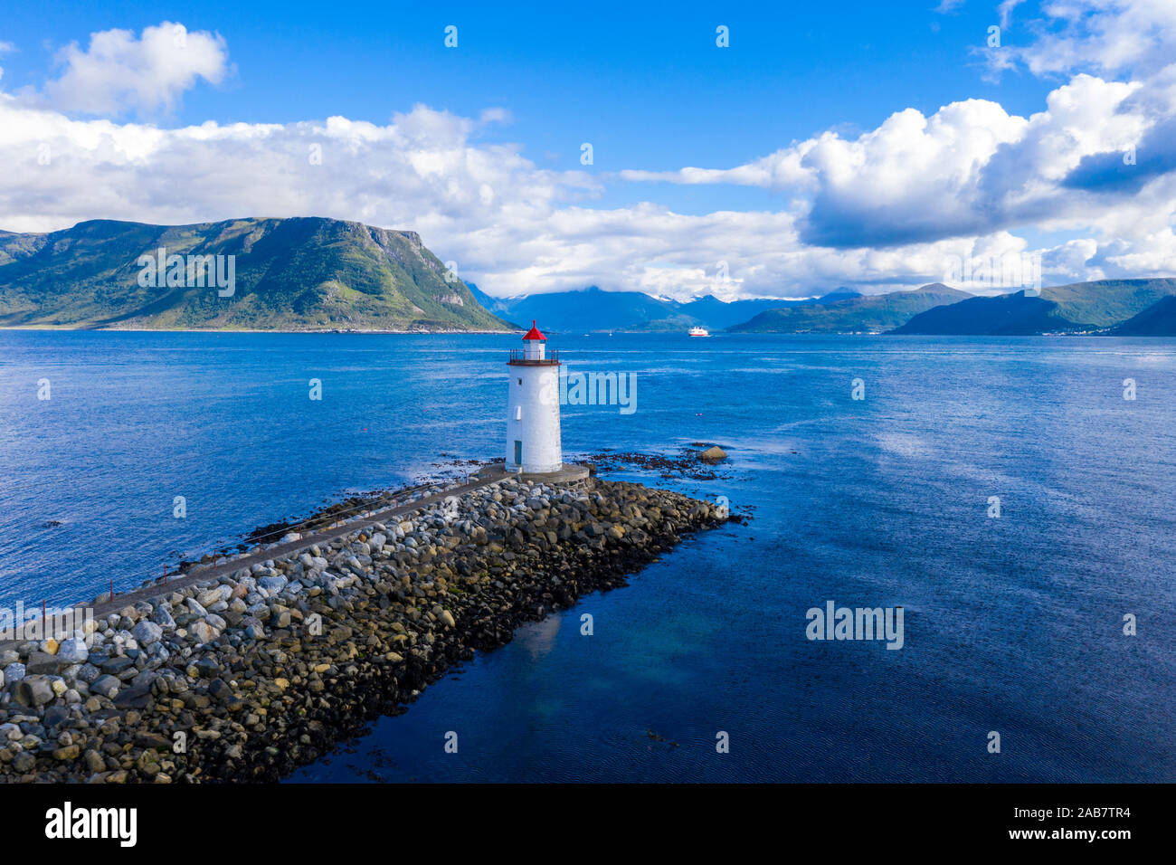 Aerial view by drone of Hogsteinen Lighthouse, Godoya Island, Alesund ...