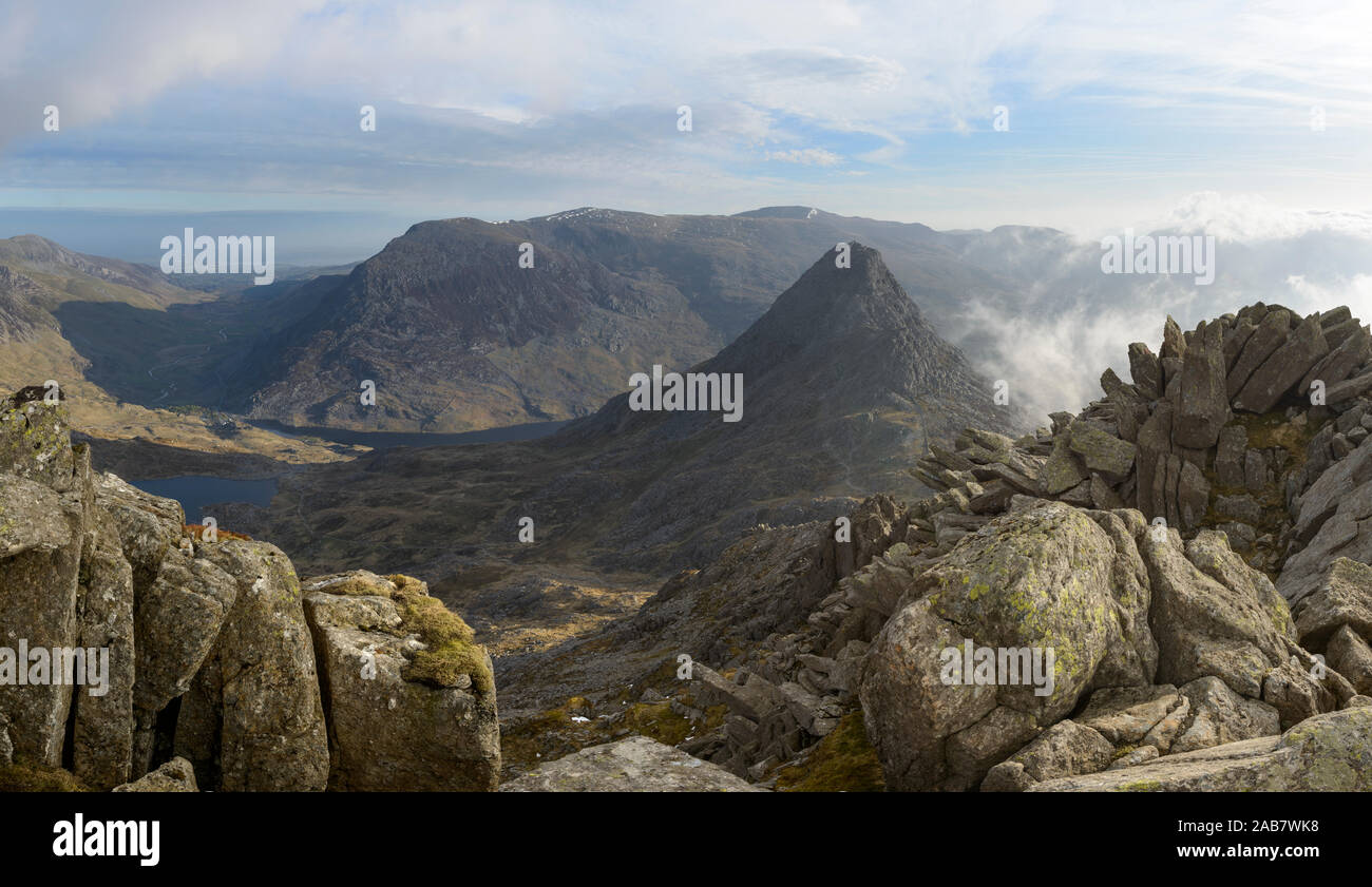 Tryfan, viewed from the top of Bristly Ridge on Glyder Fach, Snowdonia ...
