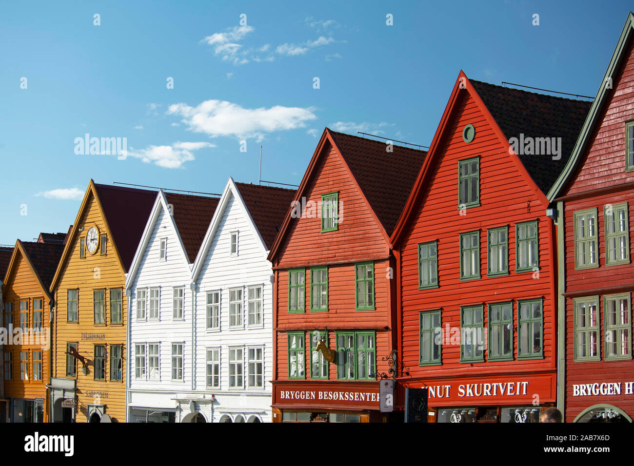 Colourfully painted timber buildings in Bryggen, the old harbour in ...